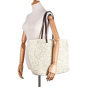 ilishop Women's Classic Woven Straw Tote Summer Beach Weaving Handbag Shoulder Bag (White)
