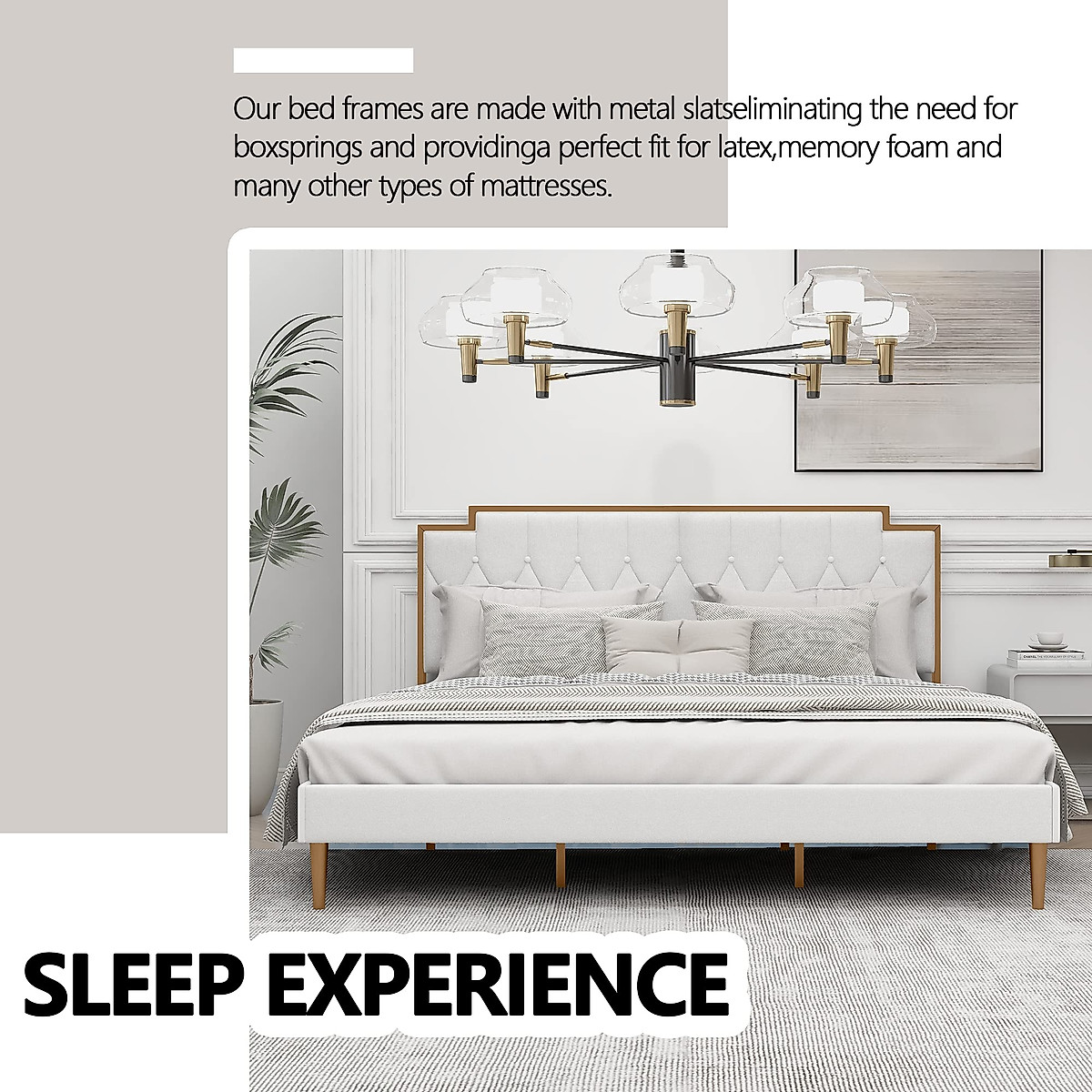 AGARTT Upholstered Platform King Size Bed Frame with Headboard Premium Stable Wood Slat Support No Box Spring Required Cream