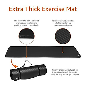 Amazon Basics Extra Thick Exercise Yoga Gym Floor Mat with Carrying Strap, 74 x 24 x .5 Inches, Black