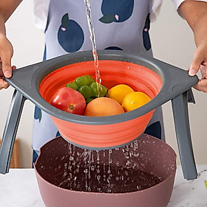3-in-1 TRENDING XL Large Collapsible STANDING Silicone Colander | 5-Quart | Dish Washer Safe | Foldable Strainer | Wash Fruits & Vegetables | Drain Pasta Beans Food | Heat Resistant FOOD GRADE (Red)