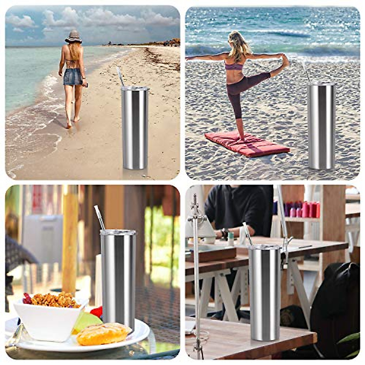 20 Oz Stainless Steel Skinny Tumbler, 6 Pack Double Wall Insulated Tumblers with Lids and Straws, Insulated Travel Water Tumbler Cup, Slim Vacuum Tumbler Travel Mug for Coffee Water Drinks, Silver