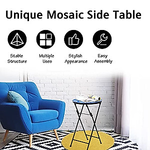 Tangkula 22”H Mosaic Plant Stand, Folding Outdoor Side Table, Round Patio End Table, 14” Ceramic Tile Top Metal Frame, Small Bistro Coffee Table, Outdoor Indoor Accent Table for Porch Garden Balcony