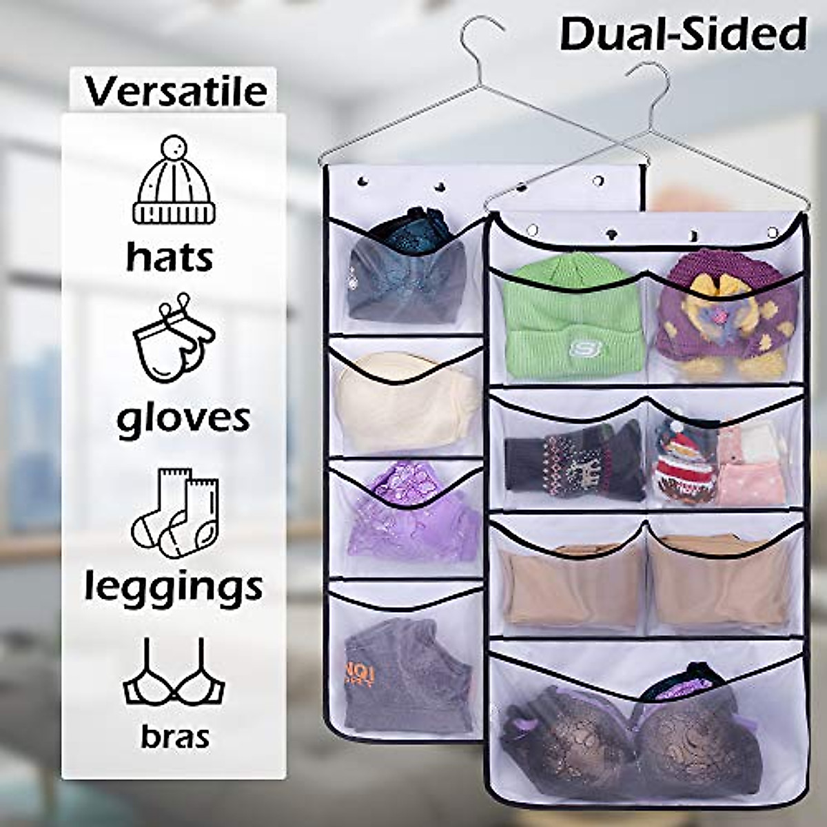 MISSLO Durable Hanging Closet Double Sided Bra Stocking Clothes Socks Organizer 15 Large Mesh Pockets, White