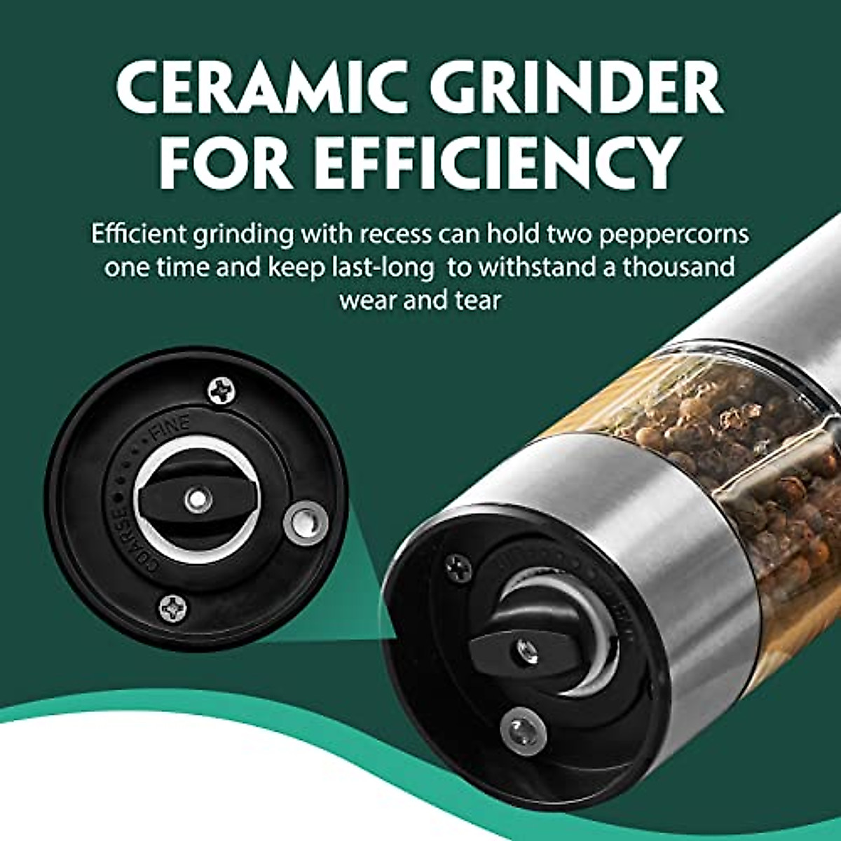 Electric Salt and Pepper Grinder Set - Kitexpert Battery Operated Pepper Mill with Light - One Handed Operation with Large Button - Up to 5 Adjustable Grinding Levels
