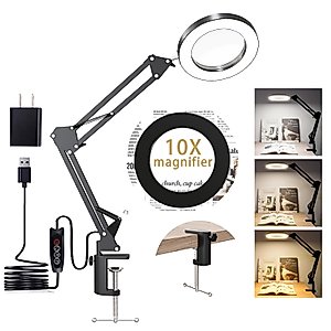 10X Desk Magnifying Glass with Light, 72LED 12W Magnifying Lamp, Magnifying Work Light, 3 Color Modes Stepless Dimmable Craft Lamp, Magnifying Glasses with Light for Close Work Reading Repair