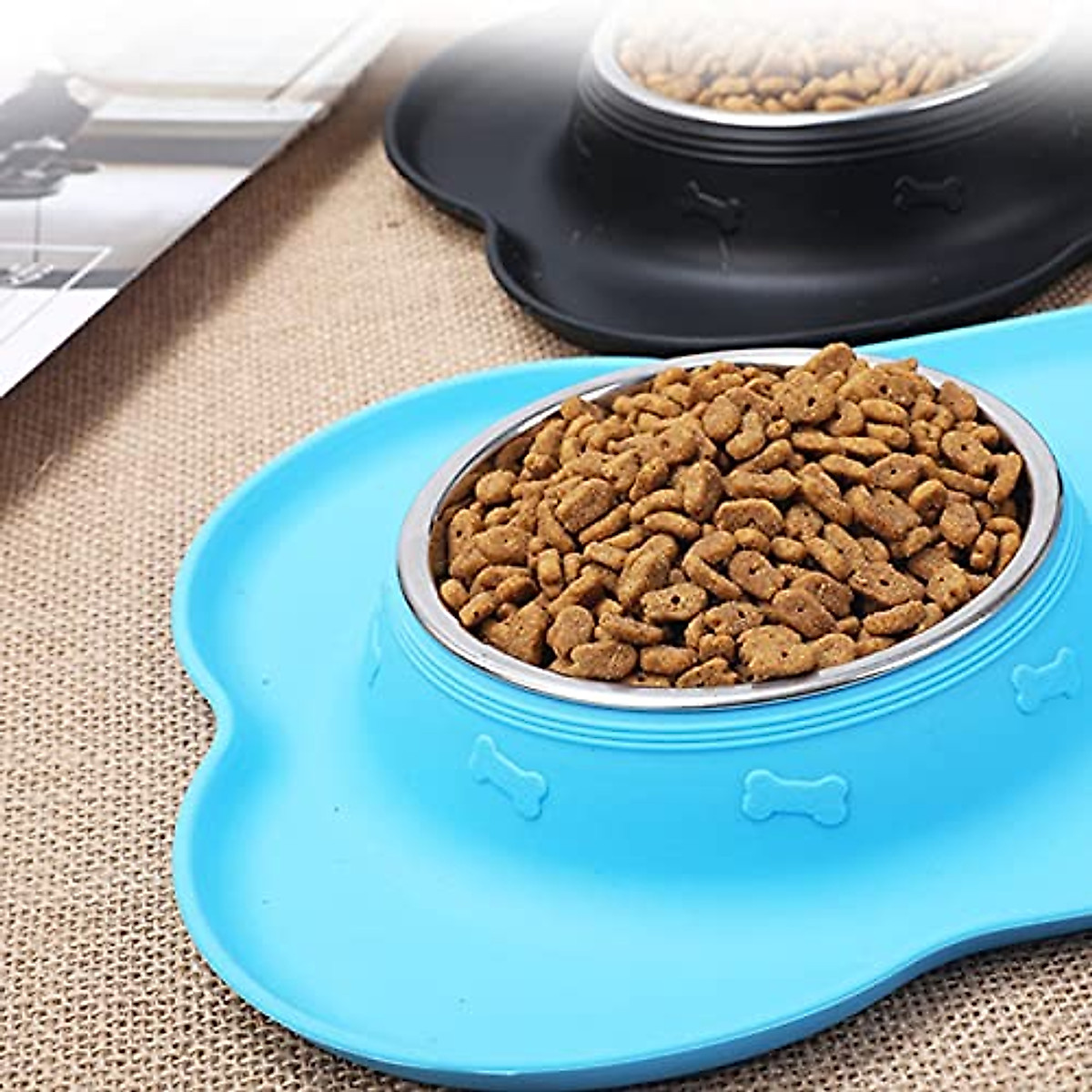 FUUIE Bowls for Food and Water Silicone Bone Double Dog Bowl Pet Pad Pet Feeding Bowl Non-Slip Leakproof Dual-Use Pet Mat Black and Blue (Color : Blue)