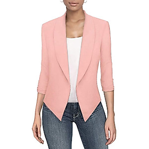 H&C Women Casual Work Office Open Front Shawl Lapel Soft Pink Blazer Jacket with Removable Shoulder Pads Made in USA