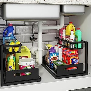 REALINN Under Sink Organizer and Storage, 2 Pack Pull Out Cabinet Organizer Slide Out Sink Shelf Cabinet Storage Shelves, Under Sink Storage for Kitchen Bathroom Cabinet