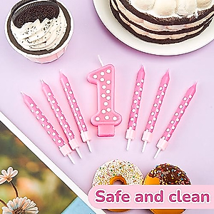 Birthday Candle Number 1 Girls 3 Inch Hot Pink Candle and 6 Pcs Polka Dot Birthday Candles 3.8 Inch First Party Cake Birthday Decorations for Girl