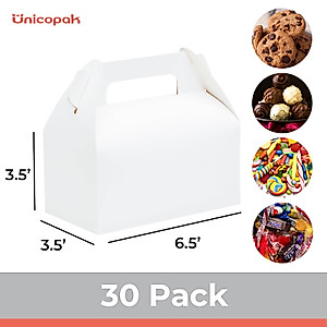 UnicoPak 30 Pcs White Gable Treat Boxes Party Favor Boxes Goodie Gift Boxes for Snacks Cookie Candy Toys Birthday Party Wedding Shower Holidays 6.5x3.5x4 Inches