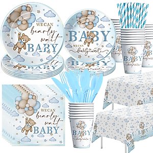 Suhelkit Bear Baby Shower Decorations Tableware - We Can Bearly Wait Baby Shower Decorations Boy, Paper Plate, Napkin, Cup, Cutlery, Tablecloth, Blue Teddy Bear Baby Shower Party Supplies | 24 Guests