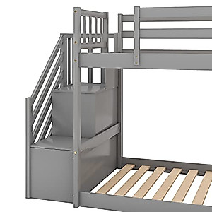 Merax Twin Over Twin Bunk Bed with Convertible Slide and Stairway, No Box Spring Needed, Grey