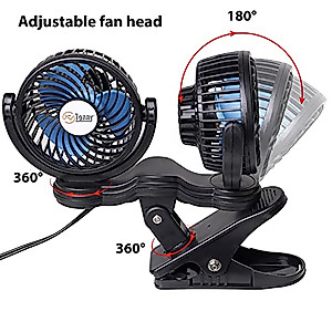 TN TONNY Dual Head Clip Fan, 12V/110V 4 Inches Electric Clip on Fan, 360° Rotatable Adjustable Cooling Air Fan with Stepless Speed Regulation and Brushless Motor for Vehicle or Home