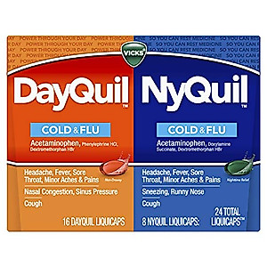 Vicks DayQuil and NyQuil Combo Pack, Cold & Flu Medicine, Powerful Multi-Symptom Daytime And Nighttime Relief For Headache, Fever, Sore Throat, Cough, 24 Count, 16 DayQuil, 8 NyQuil Liquicaps