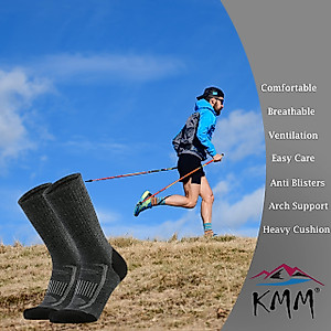 KMM Men's Merino Wool Cushion Crew Socks Moisture Wicking Control Medium Weight Warm for Outdoor Hiking Hike Trail Cycling(DarkGray XL)
