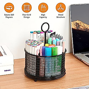 Spacrea Pencil Holder for Desk - 360°Degree Rotating Pen Organizer, Desk Organizer with 4 Compartments, Pen Holder for Desk, For School, Classroom, Office, Art Supplies(Black)