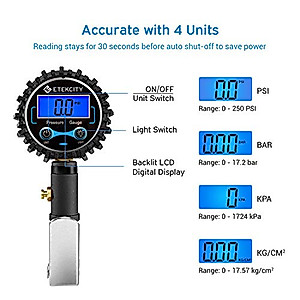 Etekcity Digital Tire Inflator with Pressure Gauge Air Chuck and Compressor Accessories Heavy Duty Brass with Rubber Hose Quick Connect Couple Leakproof 250 PSI 0.1
