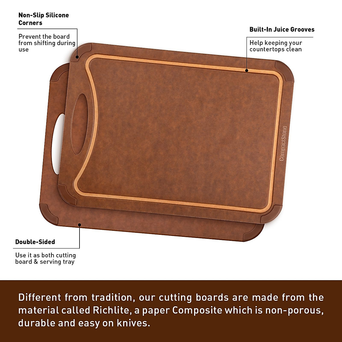 CompactStone Cutting Board with Non-Slip Feet and Juice Groove for Kitchen, Wood Fiber Composite, 17.3-Inch by 12.8-Inch, Brown