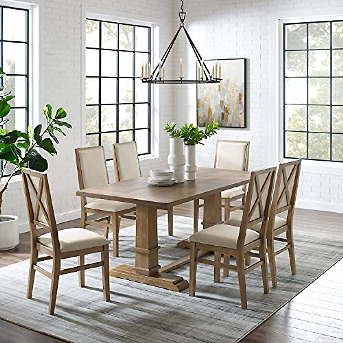 Crosley Furniture Joanna 7-Piece Dining Set with Table and 6 Upholstered Back Chairs, Rustic Brown/Creme