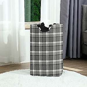 Grey White Buffalo Grid Plaid Laundry Hamper with Handle Large Waterproof Collapsible Storage Basket Tote Bag for Bathroom Washing Bin Dirty Clothes Travel