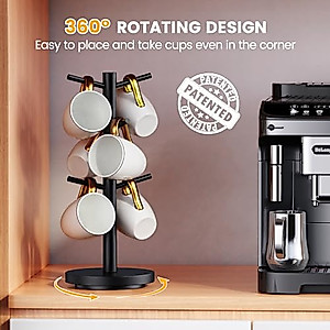 Coffee Mug Holder Tree, Upgraded 360° Rotated Coffee Cup Holder for Counter, Wood Coffee Mug Tree, Coffee Mug Rack with 6 Hooks, Coffee Mug Organizer Station, Mug Stand Coffee Bar Accessories, Black
