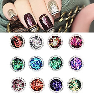 Nail Art Glitter Sequins, Holographic Nail Art Sequins Glitter Kits, Iridescent Flakes Mixed Color Nail Glitter Decorations, 12 Boxes/Set