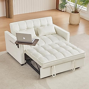 FANYE Modern Minimalist Living Room Loveseat Sofa Couch W/Pull Out Sleeper Couch Bed & Adjustable Sidetable Convertible Twin Size Sofabed Bring Side Storage Pockets for Home Apartment Office