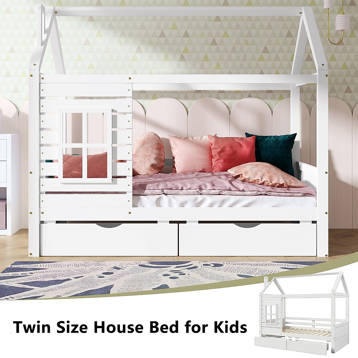 Aoowow Twin Size Kids House Bed with 2 Drawers, Wooden Platform Twin Bed Frame with Window and Roof for Bedroom, Modern Twin Size Kid Playhouse Bed with Slats for Boys Girls, Can be Decorated, White