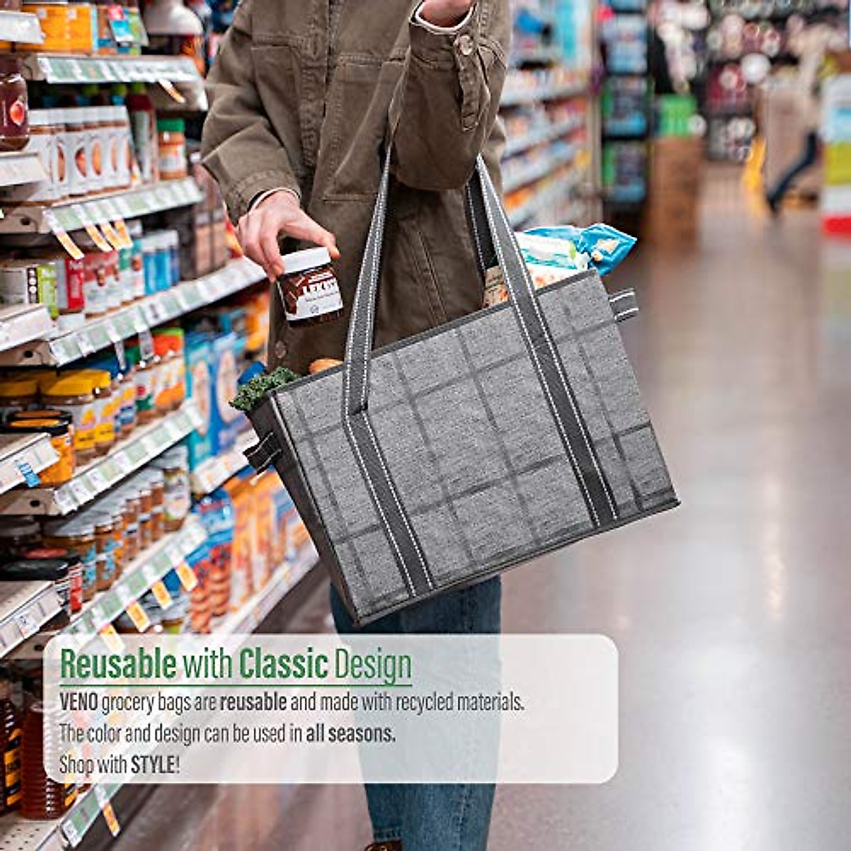 VENO 2 Pack Extra Large Reusable Grocery Bag, Premium Quality, Shopping Cart Bag, Storage Box, Heavy Duty, Hard Bottom, Collapsible, Utility Tote, Trunk Organizer (Black/Windowpane, XL set of 2)