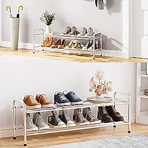 2-Tier Shoe Rack for Closet, Stackable & Expandable Shoe Rack Organizer Storage Stainless Steel Shoe Shelf for Entryway, Bedroom, Dorm Room, Outdoor