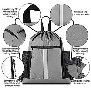 BeeGreen Grey Drawstring Bag Pack Gym Sackpack w Shoe Compartment Two Water Bottle Holder Portable String Sinch Sack for Gymnastic Athletic Beach Travel