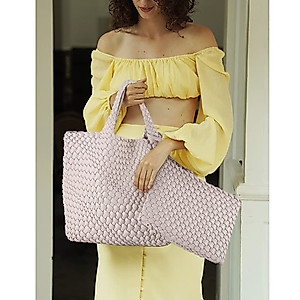 Woven Tote Bag, Women Macaron Soft Leather Weave Handbag Purse Wrist Bag Large Capacity Work Shopping Travel Daily (Beige)