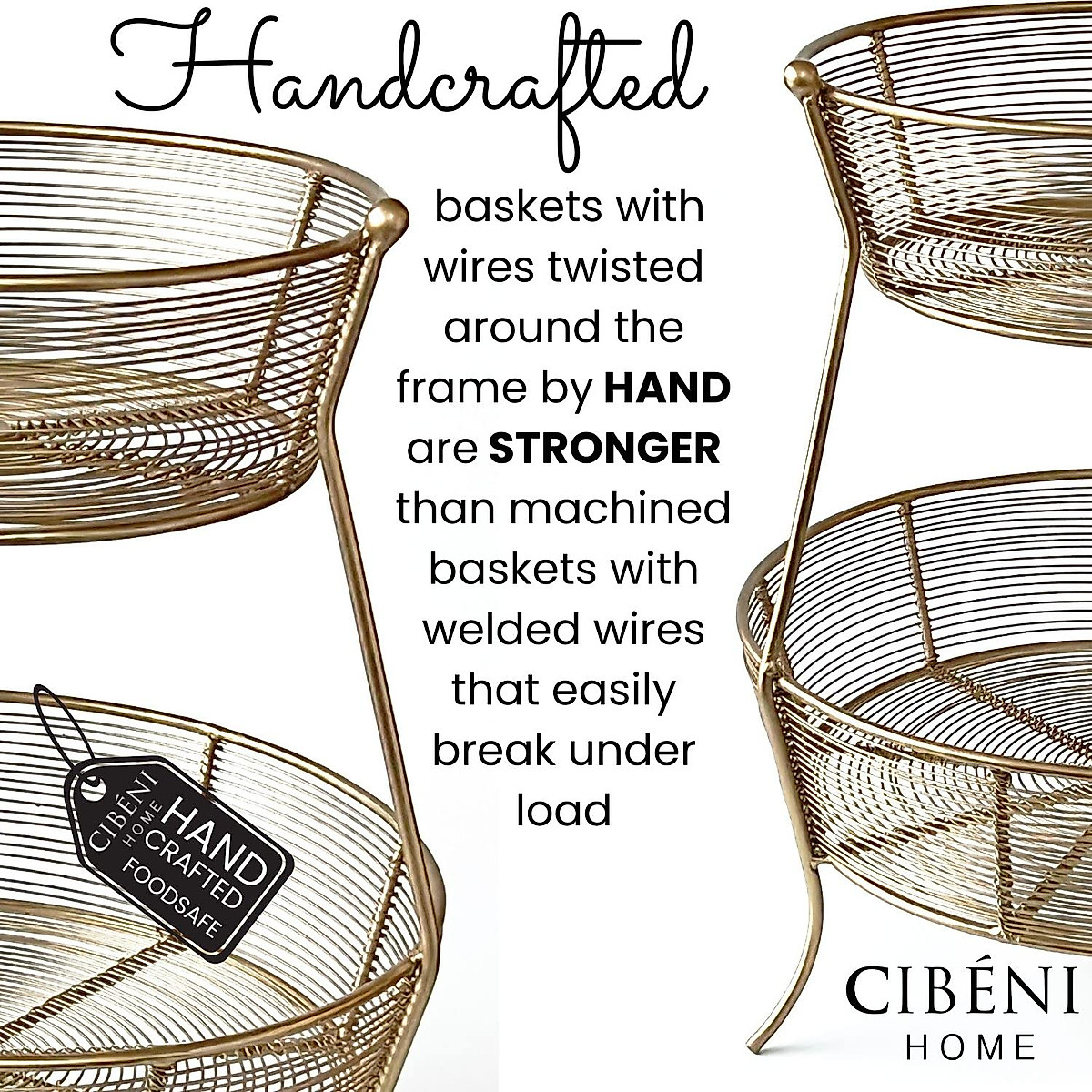 CIBENI Gold Fruit Basket Stand - 13" x 15"H Handcrafted 2 Tier Fruit Basket for Kitchen Counter Fruit Holder for Kitchen Countertop - Gold