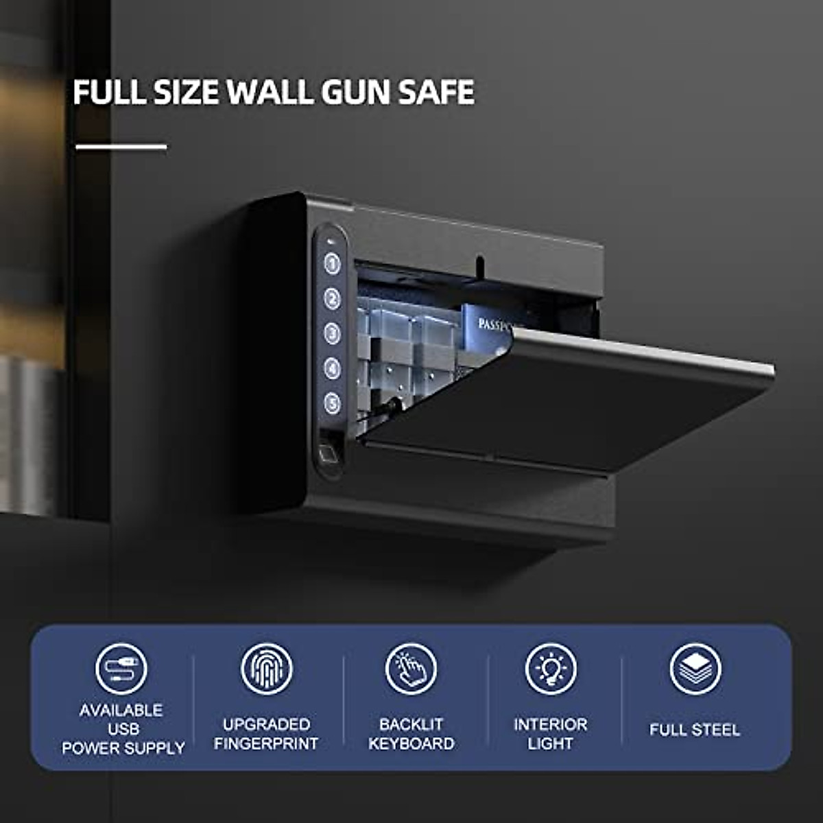 XDeer Wall Gun Safe, Biometric Gun Safes for Pistols, Quick-Access Handgun Safe with Fingerprint & Digital Key Pad, Pistol Safe for Home, Up to 1 Full-size pistol
