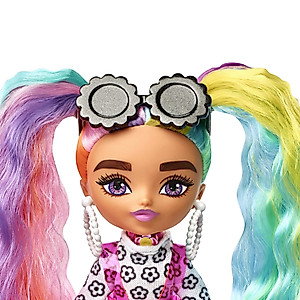 Barbie Extra Minis Doll #6 Wearing Flower Print Dress with Rainbow Hair, Doll Stand & Accessories Including Sunglasses & Purse, 5.5-inch