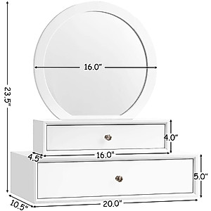 Byroce Vanity Mirror, Space-Saving Wall Mounted & Table Placed Makeup Vanity Mirror, Floating Vanity Shelves with 2 Removable Drawers for Hallway, Sink, Bathroom (White)
