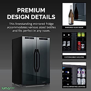 Luma Comfort Shadow Series Wine Cooler Refrigerator 12 Bottle & 39 Can Dual Temperature Zones, Freestanding Mirrored Wine and Beverage Fridge with Double-Layer Tempered Glass Door & Compressor Cooling