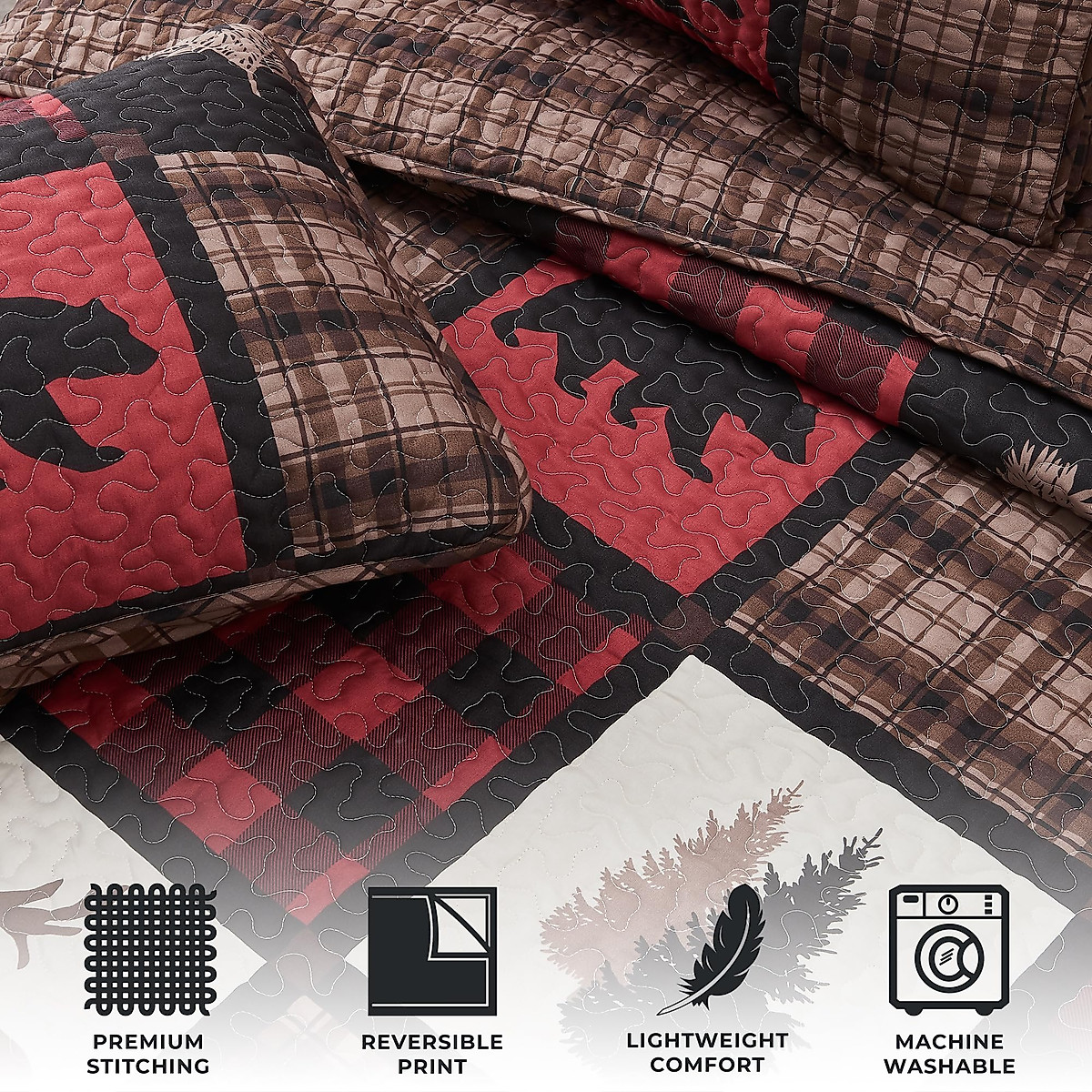Great Bay Home Lodge Bedspread King Size Quilt with 2 Shams. Cabin 3-Piece Reversible All Season Quilt Set. Rustic Quilt Coverlet Bed Set. Stonehurst Collection. (Red/Black)