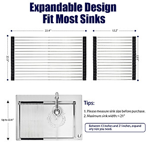 CLNGAI Roll Up Dish Drying Rack, Expandable Over The Sink Dish Drainer,Stainless Steel Kitchen Rolling Sink Rack Space Saving Sink Mat, Length Up to 22.3" (Black, Expandable)