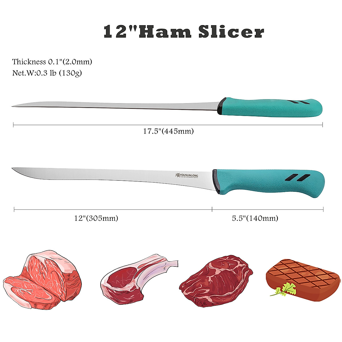 YOUSUNLONG Slicing Knife 12"(305mm) - Premium High-carbon molybdenum steel blade - Meat & Ham Slicer - Ergonomic & non-slip handle