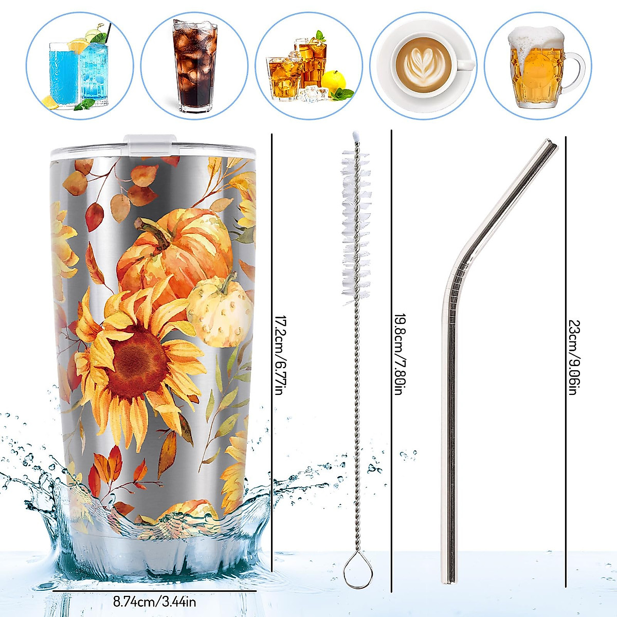 Whaline Fall Watercolor Sunflower Tumbler Stainless Steel Wine Tumbler with Straw and Cleaning Brush Autumn Thanksgiving Coffee Mug Cup for Women Girlfriend Besties Wife Lover Spouse Squash Gifts,1Pcs