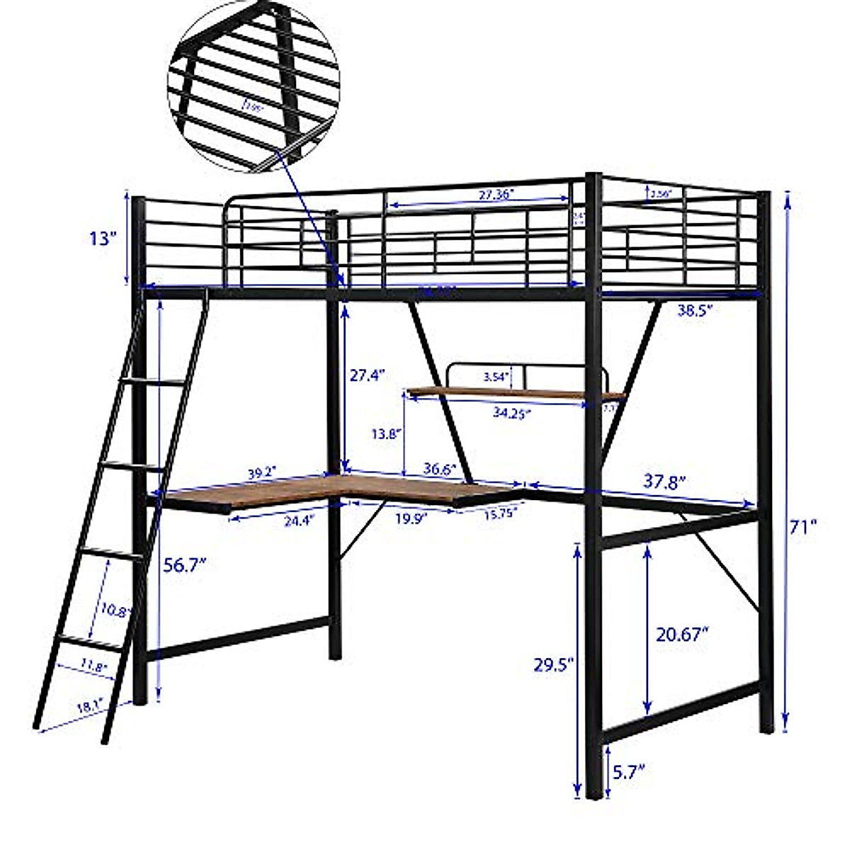 MOEO Twin Size Loft Bed with L-Shaped Desk and Shelf, Metal Steel Bedfram w/Guardrail for Kids, Home, No Spring Box Required, Black