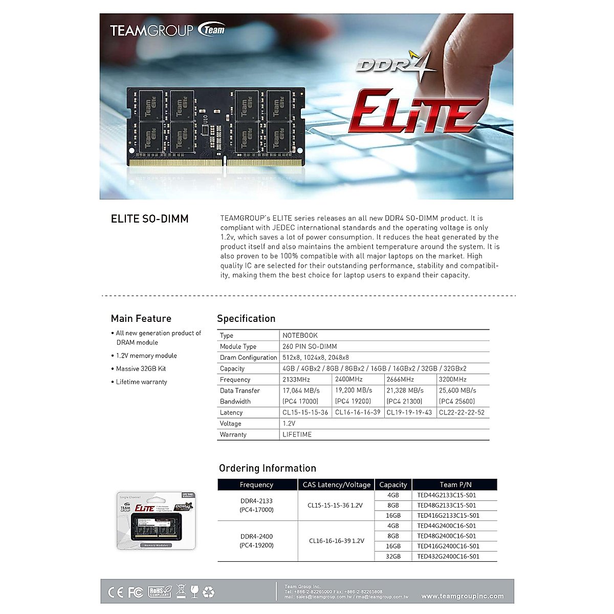 TEAMGROUP Elite DDR4 8GB Single 2666MHz PC4-21300 CL19 Unbuffered Non-ECC 1.2V SODIMM 260-Pin Laptop Notebook PC Computer Memory Module Ram Upgrade - TED48G2666C19-S01