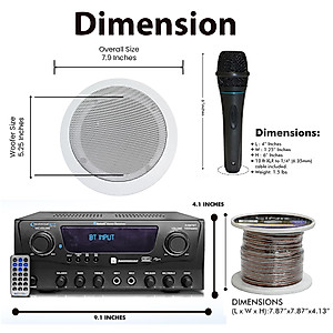 Home Theater System Kit 1000 Watts Bluetooth Receiver w/ 6 Qty 5.25" 175 Watts Each in-Wall in-Ceiling Speakers & 16 Gauge 250 ft. Speaker Wire Portable Microphone w/Remote Control by Technical Pro
