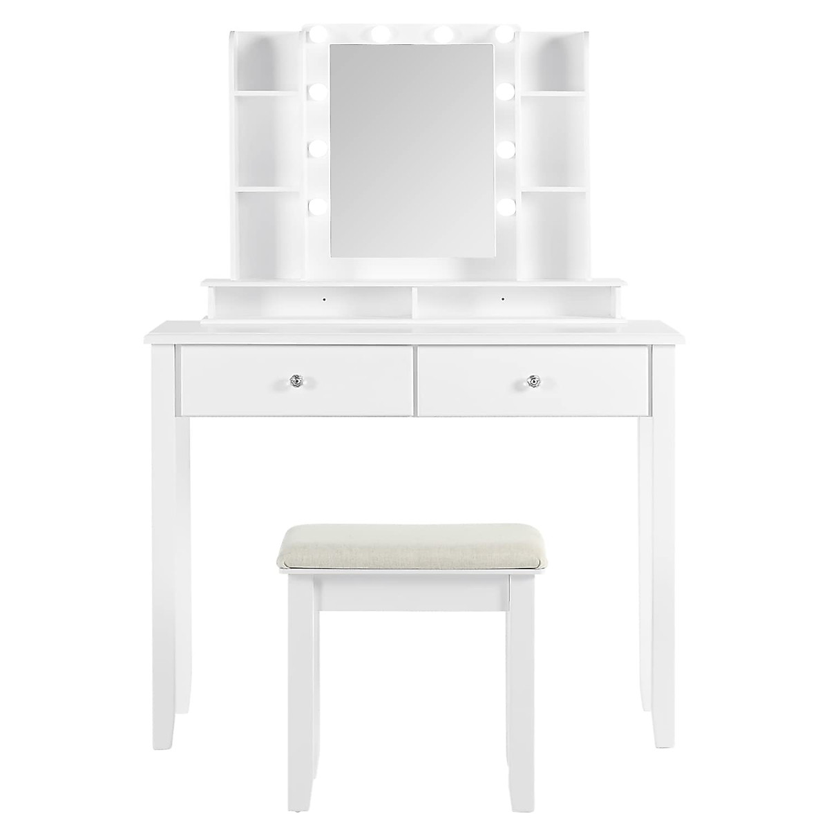 AODAILIHB Vanity Desk with Mirror and Lights, 35" Makeup Vanity Dressing Table with Vanity Stool/2 Drawers/Open Shelves/3 Color Lighting Modes & Brightness Bedroom Furniture (White)