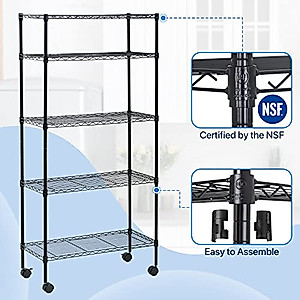 Dkeli 5 Tier Wire Shelving with Wheels, 14"x30"x60" Storage Shelves NSF Heavy Duty Adjustable Utility Rolling Steel Garage Shelving Metal Storage Rack, Black
