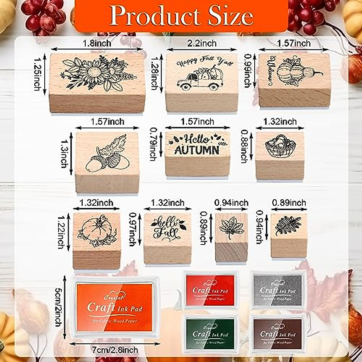 Woanger 15 Pcs Fall Wooden Rubber Stamps and Craft Ink Pads Wooden Rubber Stamp for Scrapbooking and DIY Craft Card Stamps Pads Stamps, Paper, Wood Fabric Fall Holiday Stamps