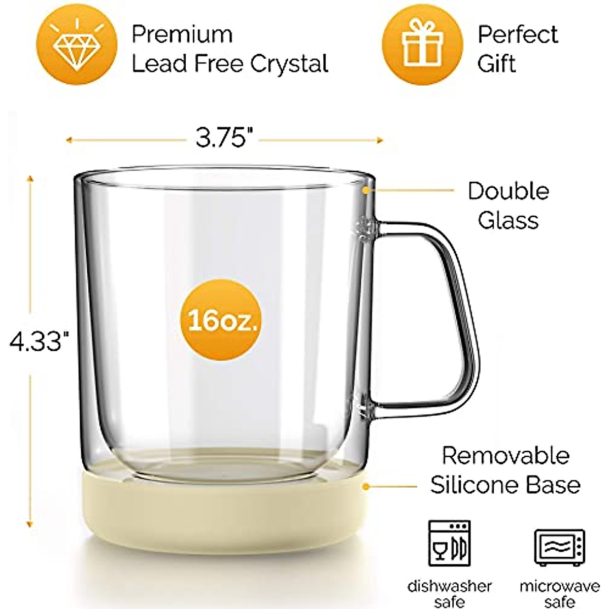 Zovoko Double Wall Insulated Glass Coffee Mugs (Large - 16 oz - Set of 2) - Removable Non-Slip Silicone Coaster - Microwave/Dishwasher Safe - 100% Borosilicate Glass