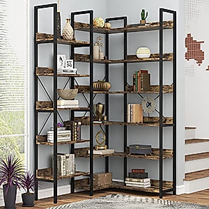 PAKASEPT 6-Shelf Corner Bookshelf, Triple Wide 6-Tier Bookcase, Large Modern Corner Shelf with Metal Frame, Open Bookshelves for Living Room Home Office, Rustic Brown