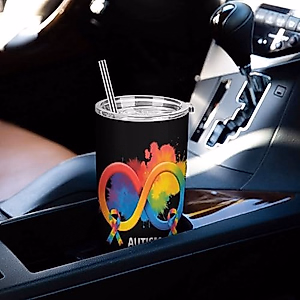 Autism Awareness Infinity Ribbon 20 OZ Stainless Steel Tumbler Travel Car Coffee Mug with Straw Lid Cleaning Brush Coffee Tumbler Mug for Women Men